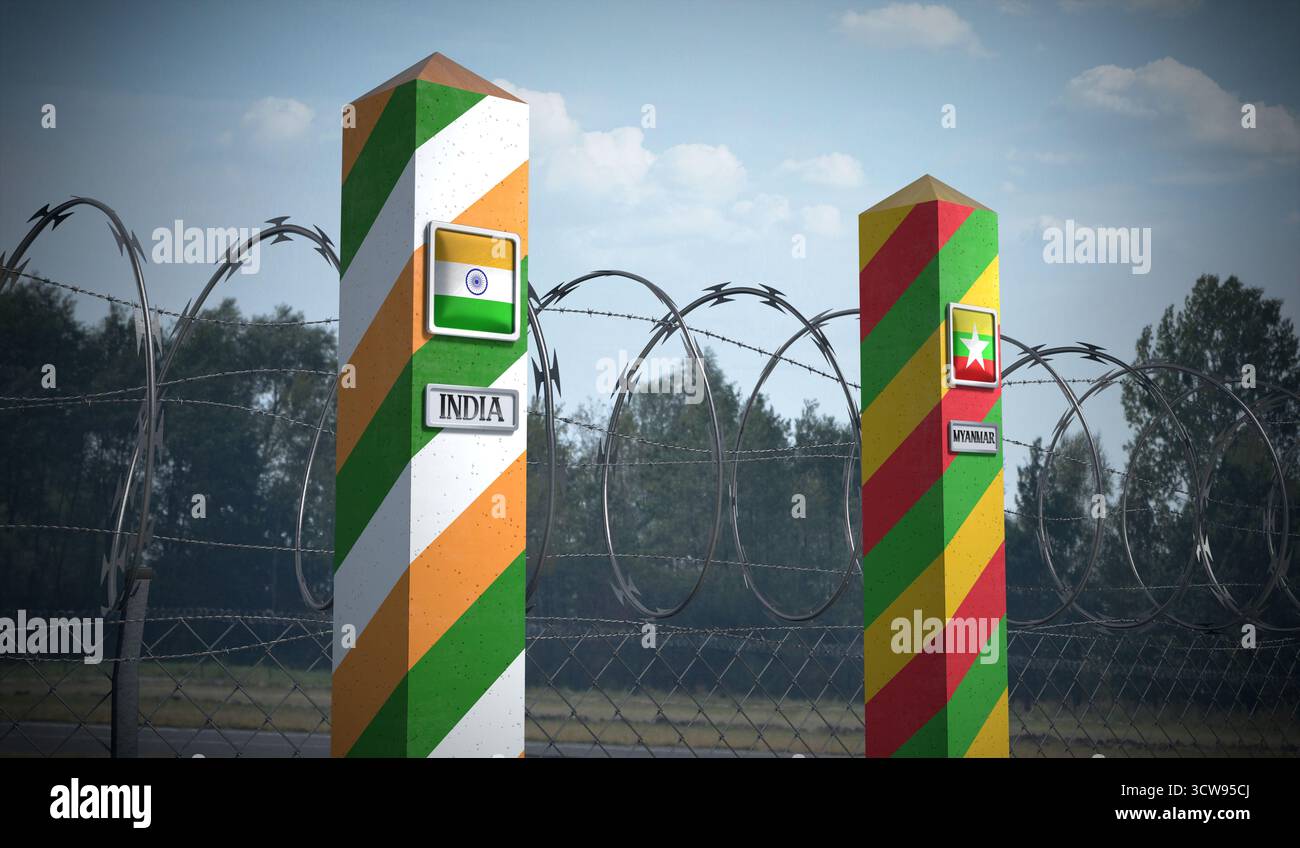 Border posts with flags of India and Myanmar - 3d illustration Stock ...