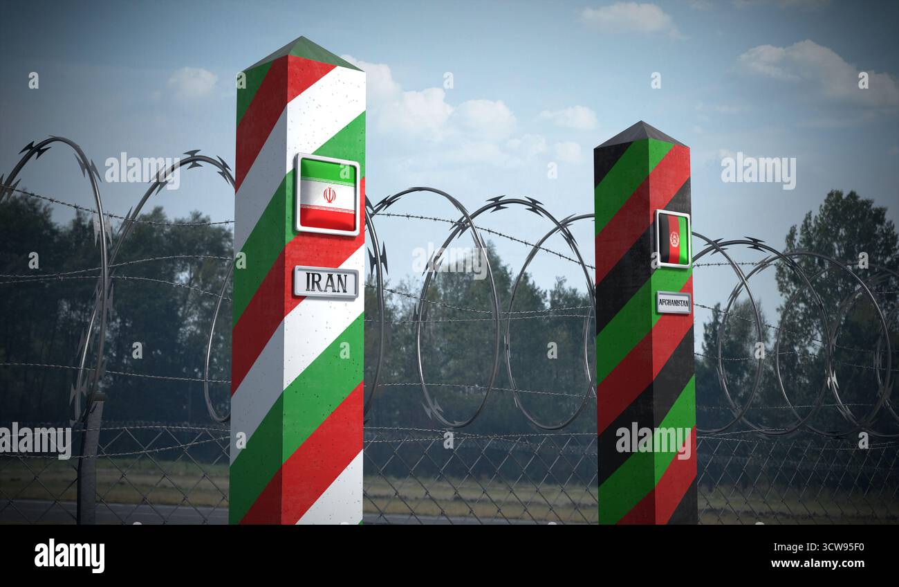 Border posts with flags of Iran and Afghanistan - 3d illustration Stock ...