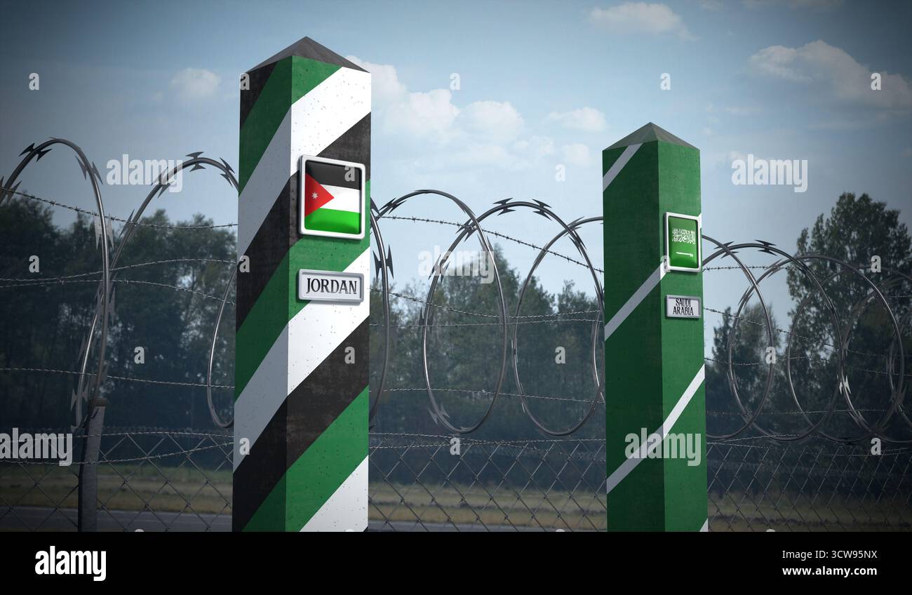 Border posts with flags of Jordan and Saudi Arabia - 3d illustration ...