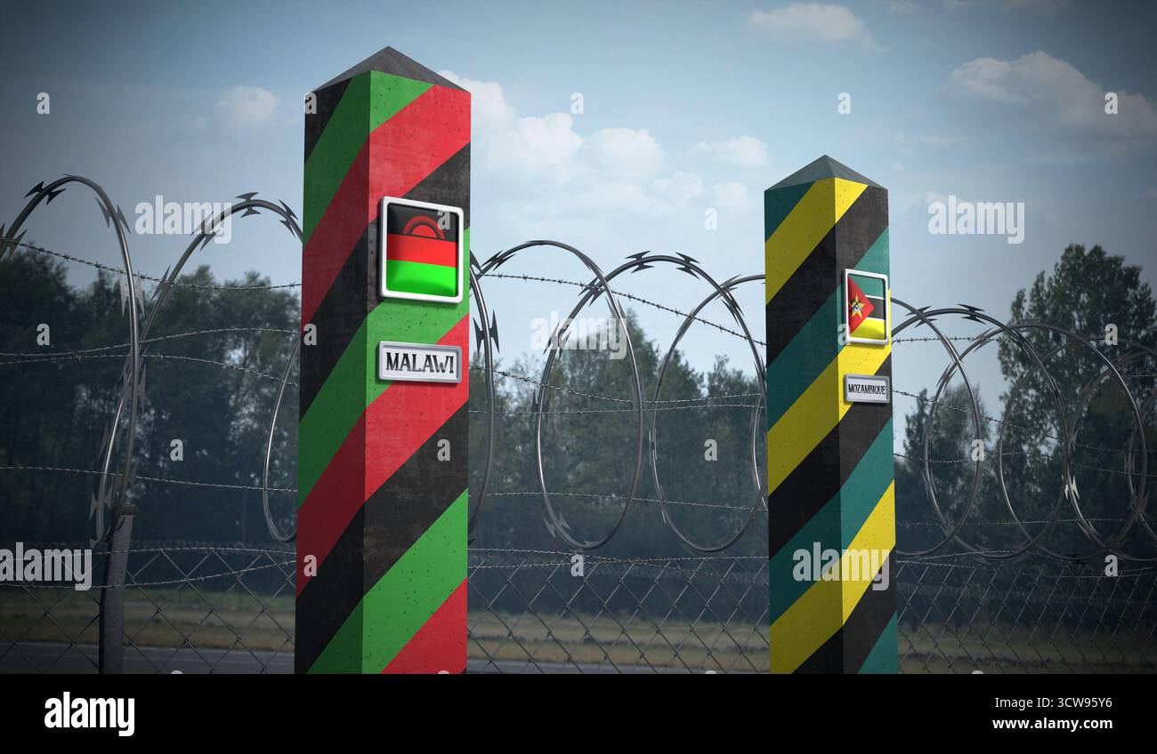 Border posts with flags of Malawi and Mozambique - 3d illustration ...