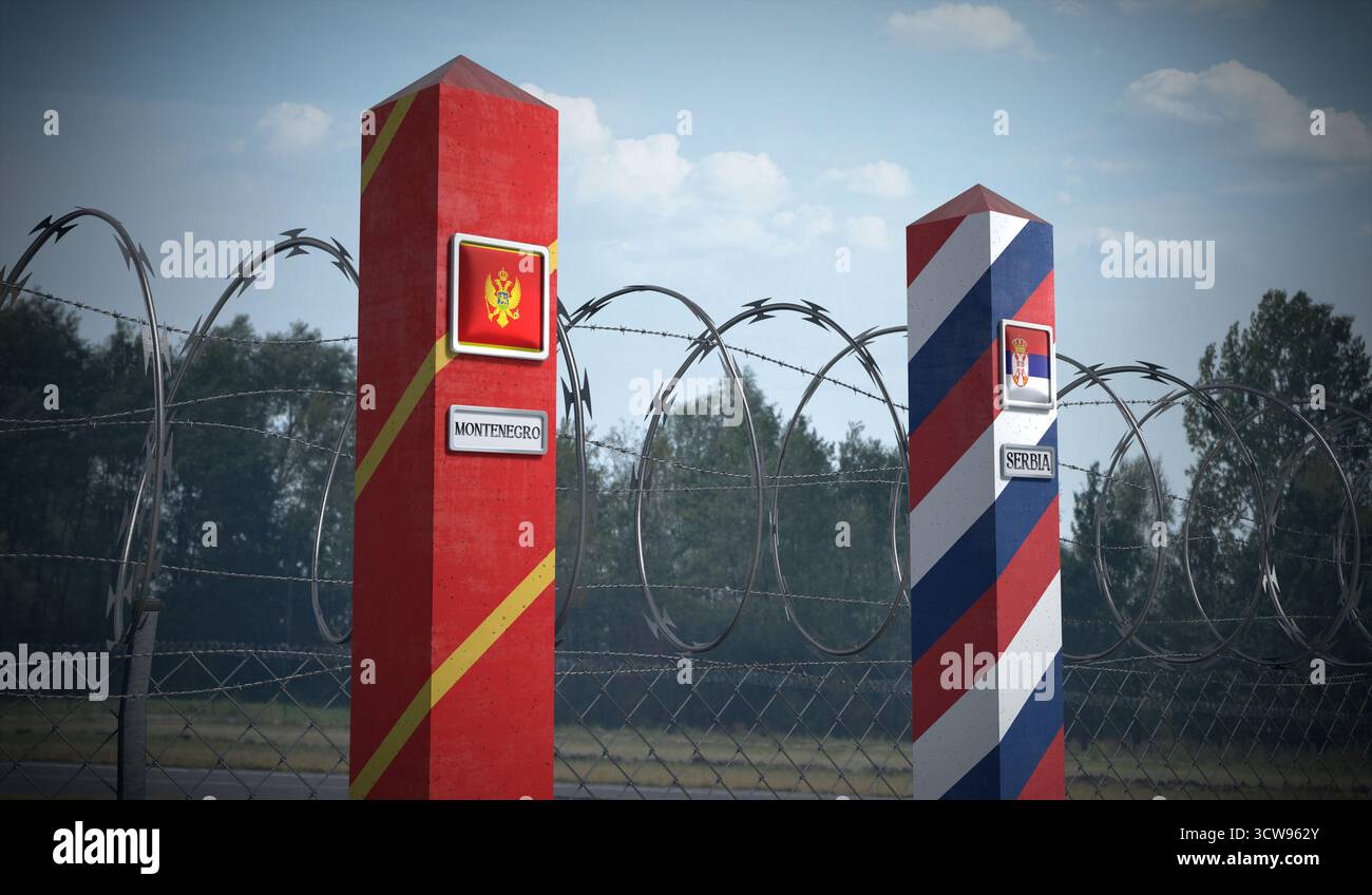 Border posts with flags of Montenegro and Serbia - 3d illustration ...