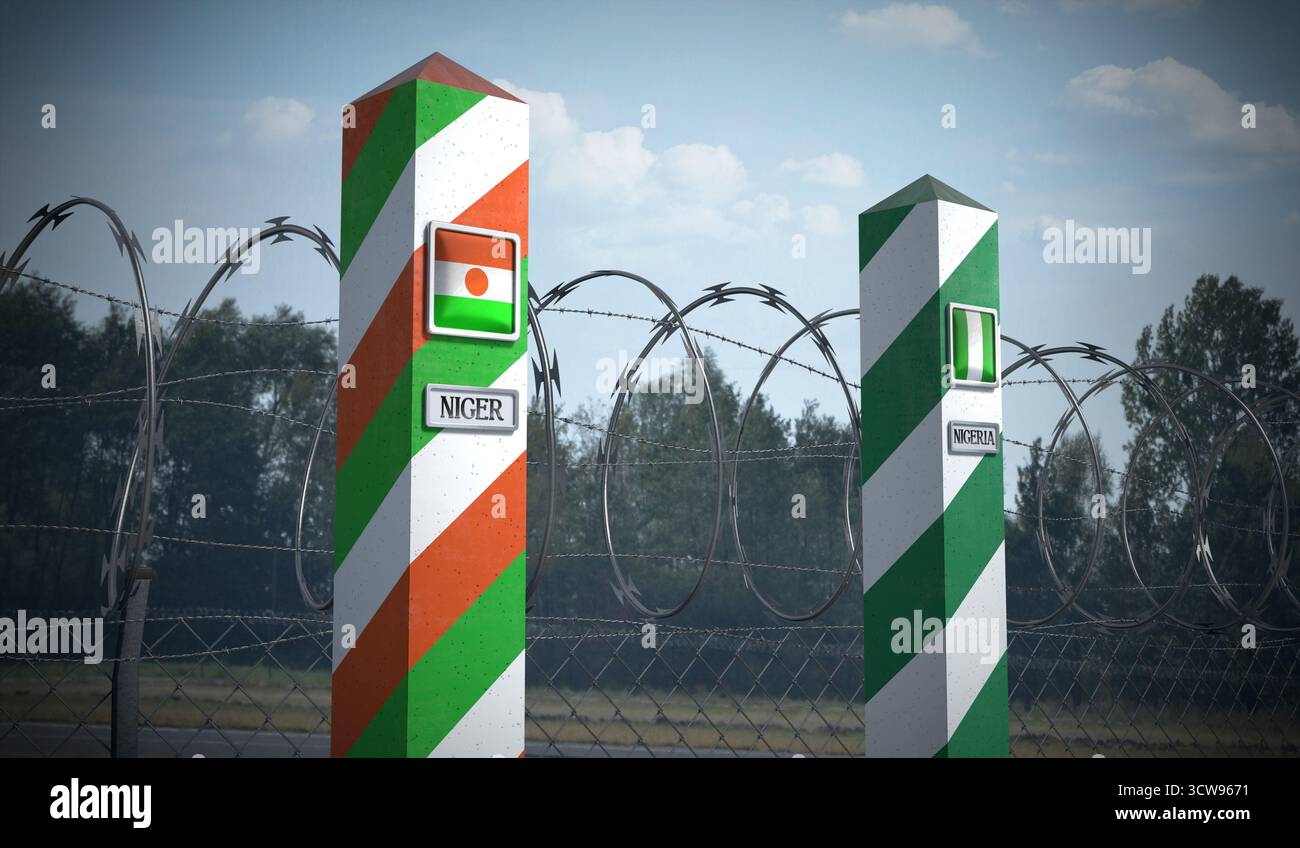 Border posts with flags of Niger and Nigeria - 3d illustration Stock ...
