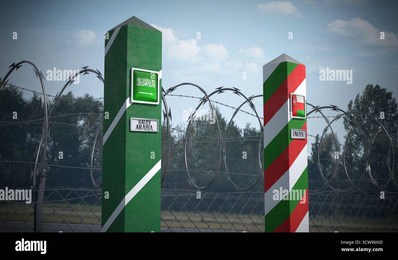 Border posts with flags of Saudi Arabia and Oman - 3d illustration ...