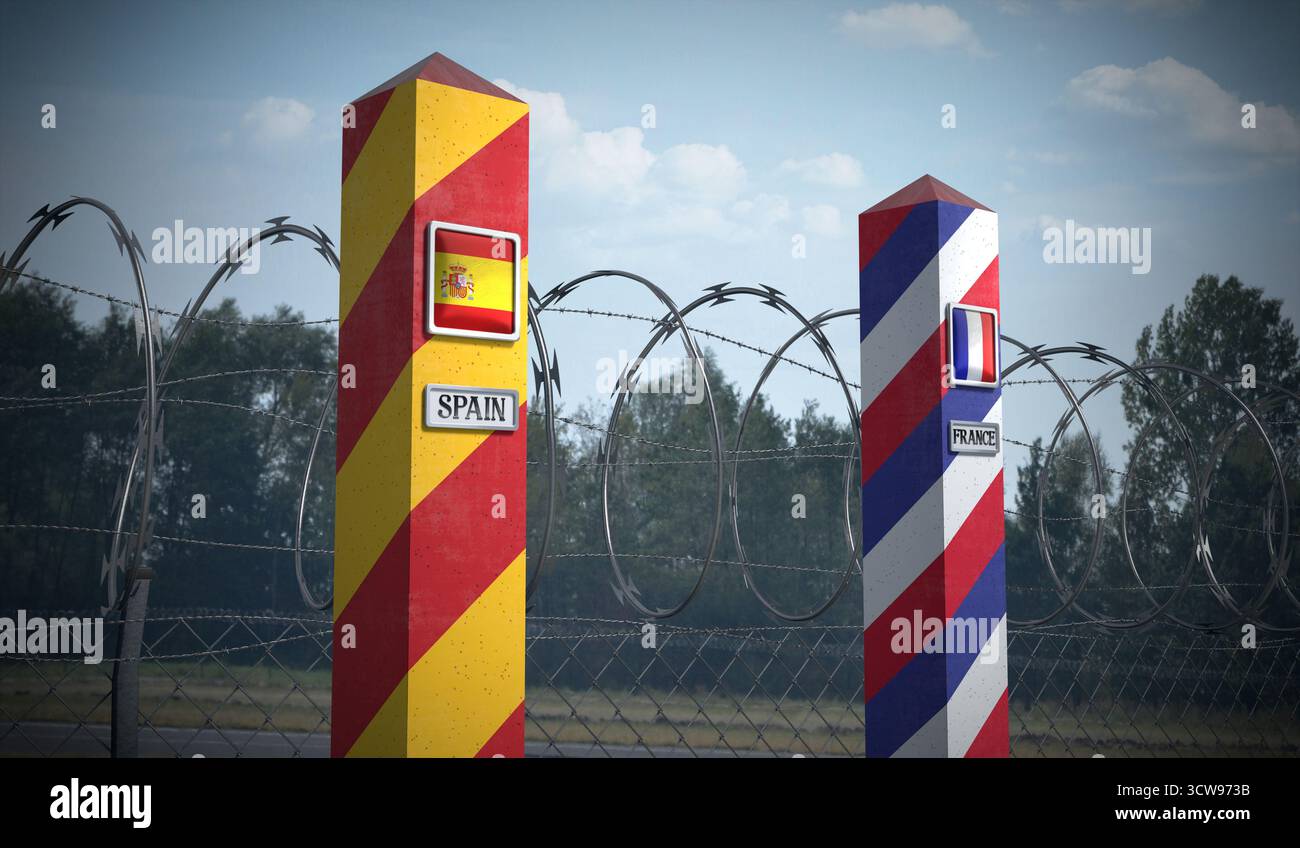 Border posts with flags of Spain and France - 3d illustration Stock ...