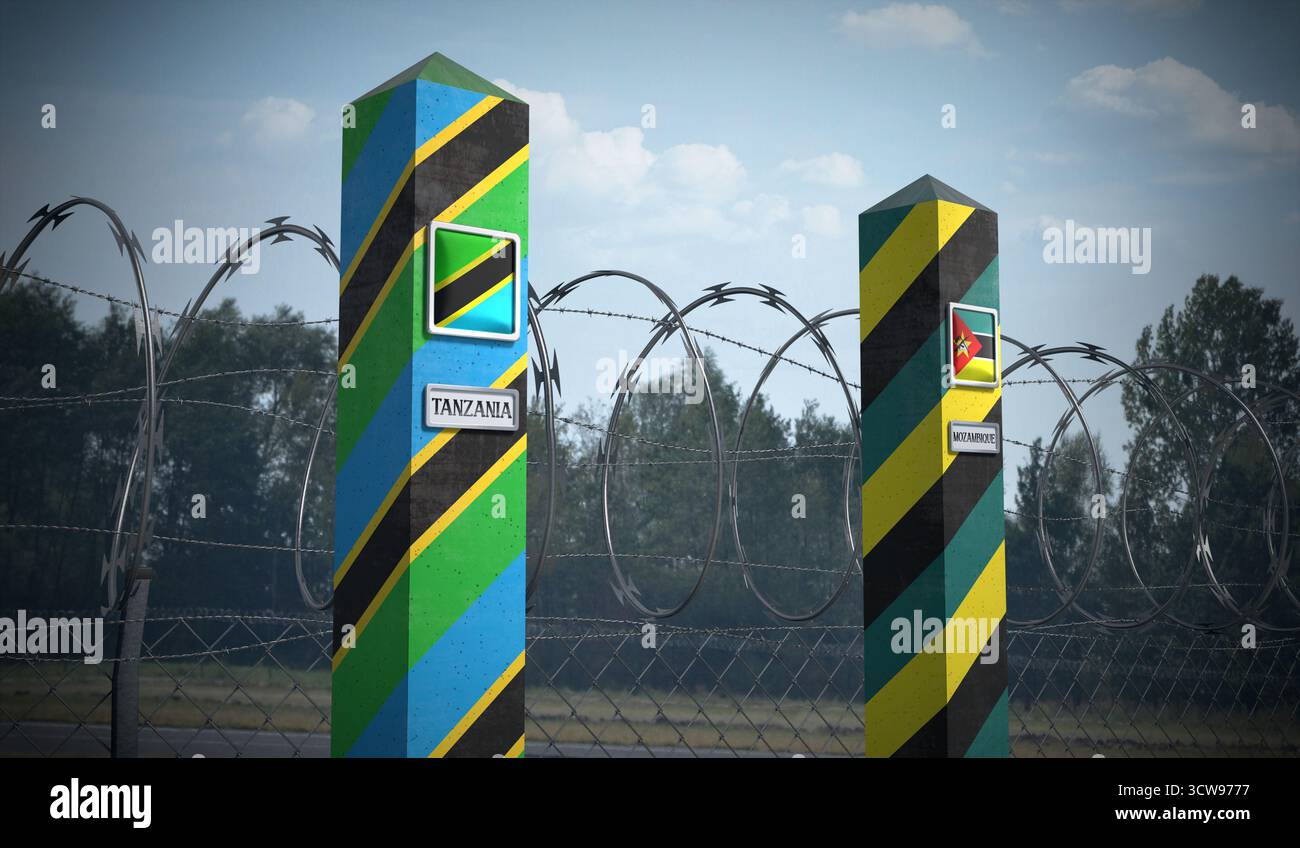 Border posts with flags of Tanzania and Mozambique - 3d illustration ...