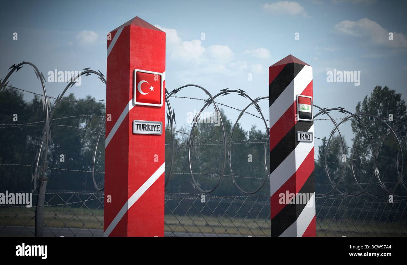 Border posts with flags of Turkiye and Iraq - 3d illustration Stock ...
