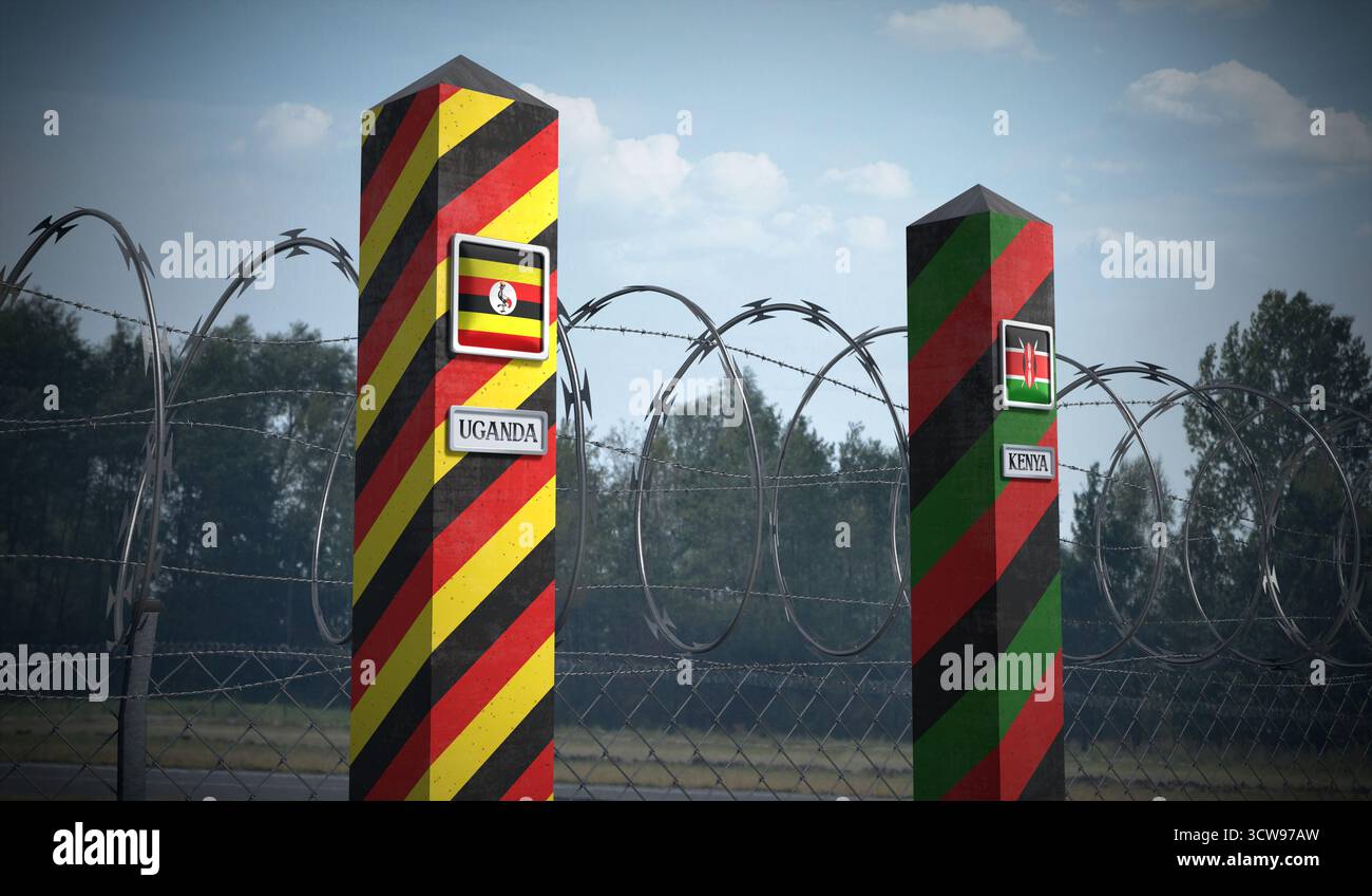 Border posts with flags of Uganda and Kenya - 3d illustration Stock ...
