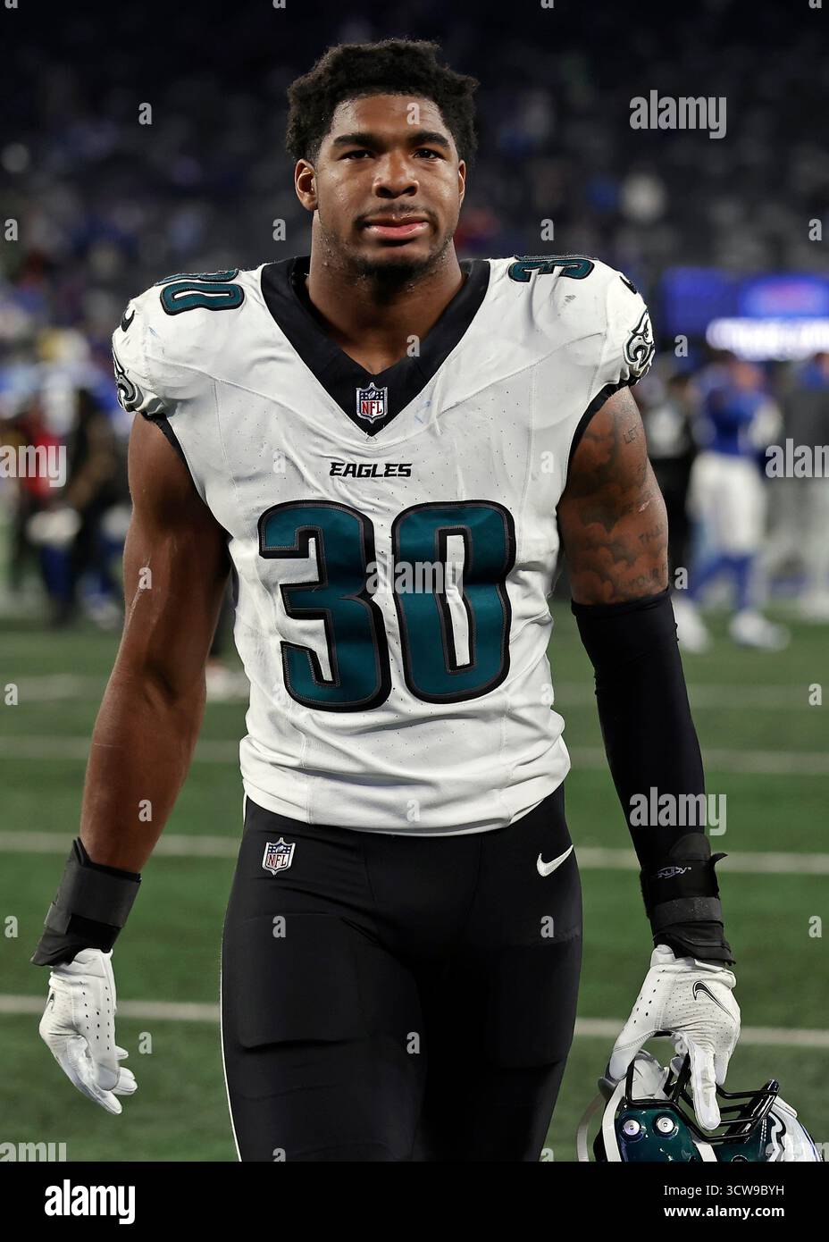 Philadelphia Eagles linebacker Jihaad Campbell (30) walks off the field ...