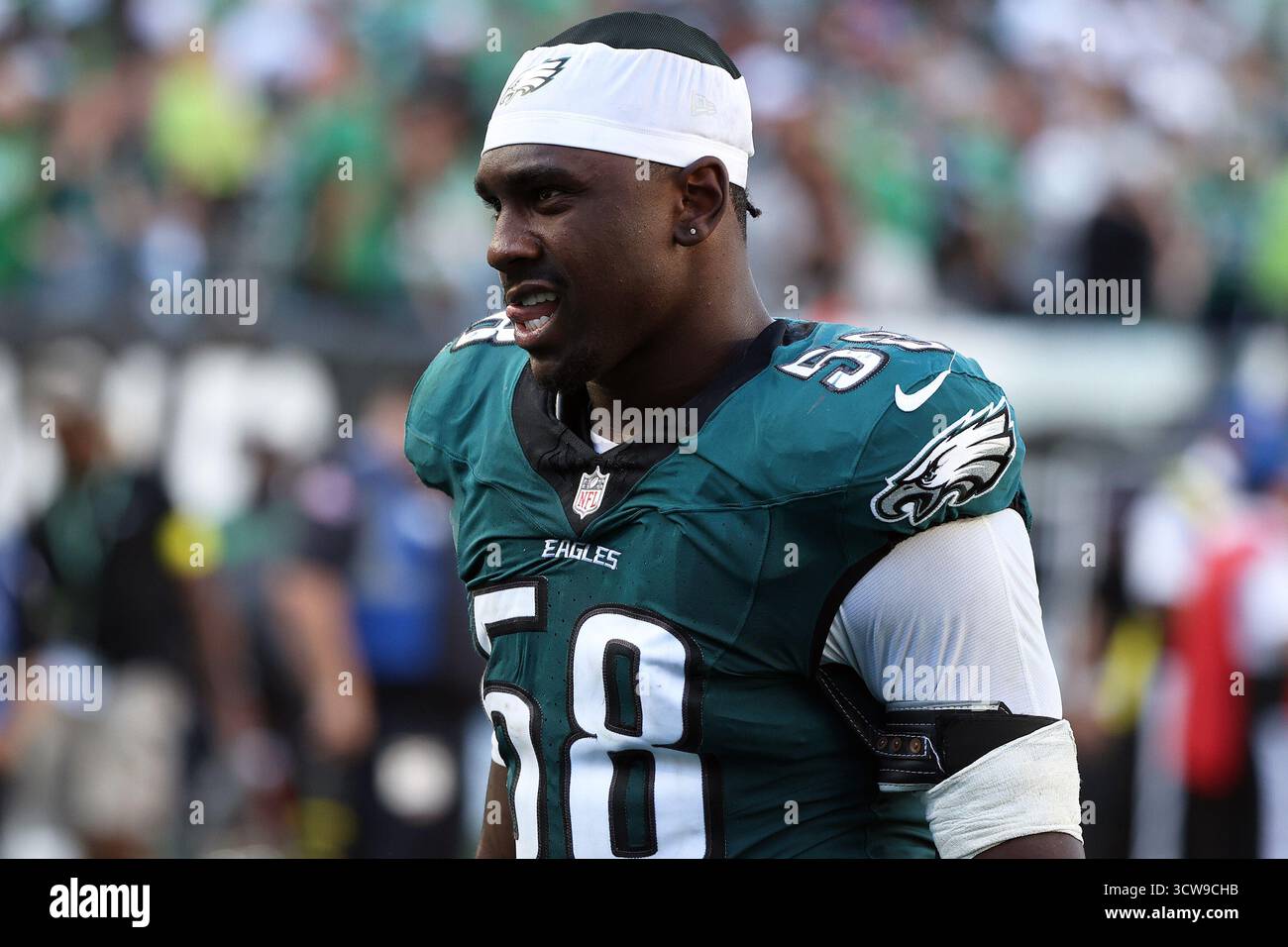 Philadelphia Eagles linebacker Jalyx Hunt (58) looks on after an NFL ...