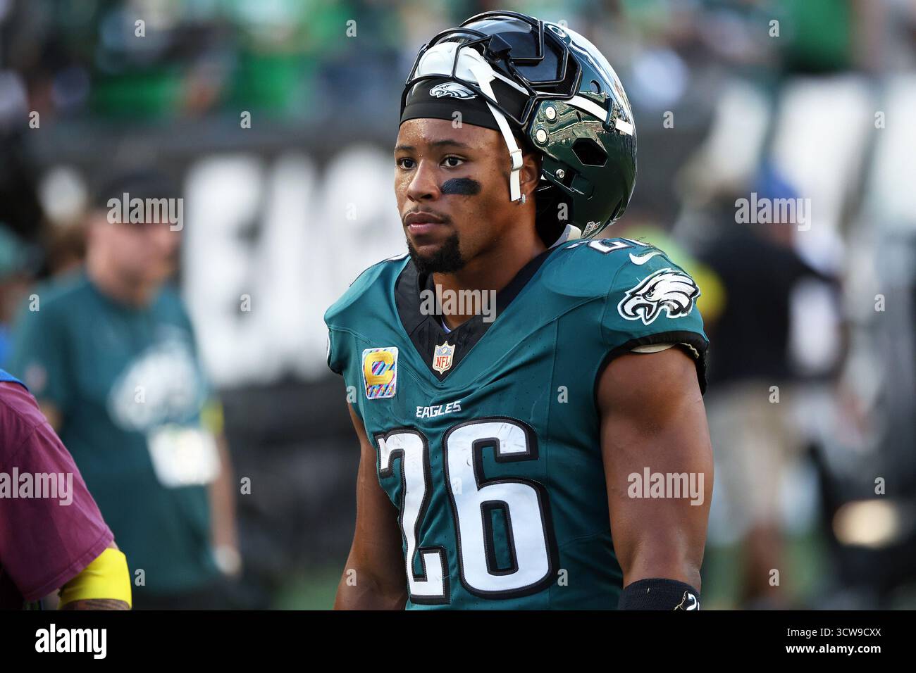 Philadelphia Eagles running back Saquon Barkley (26) looks on after an ...