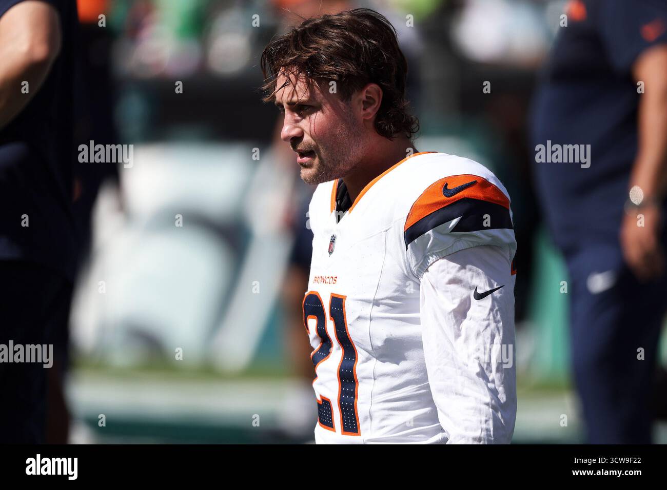 Denver Broncos cornerback Riley Moss (21) looks on before an NFL ...