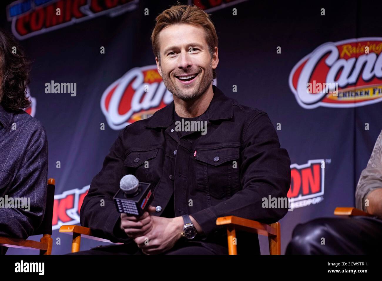 Glen Powell participates in "The Running Man" panel during New York ...