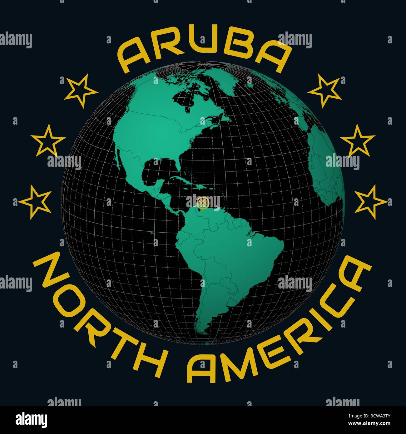 Aruba on Globe. Round country and continent name text. Country view on ...