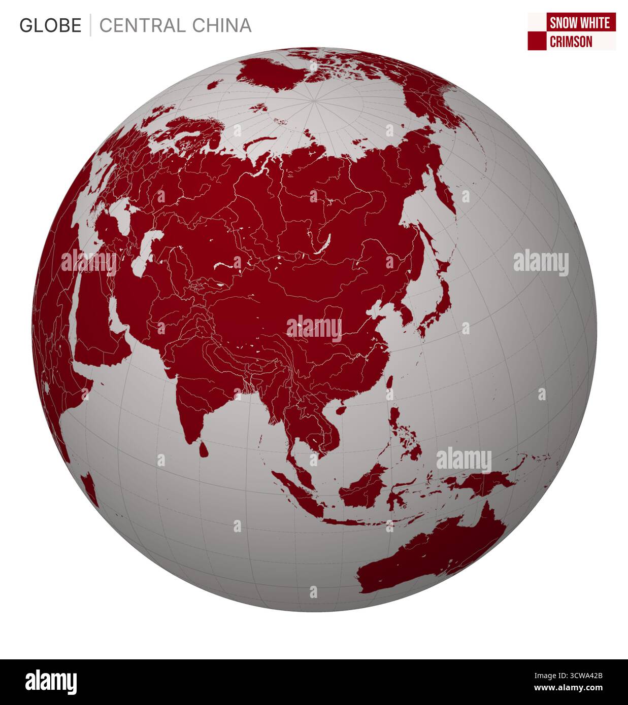 Vector Globe centered on Central China. Snow White Crimson palette ...