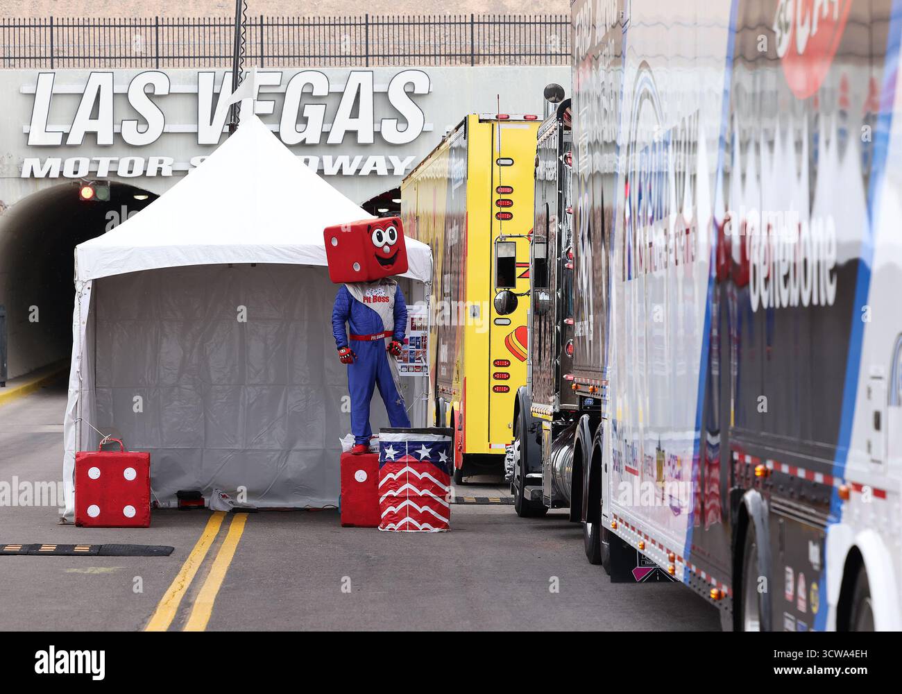 LAS VEGAS, NV - OCTOBER 10: LVMS mascot Pit Boss watches the NASCAR Cup ...