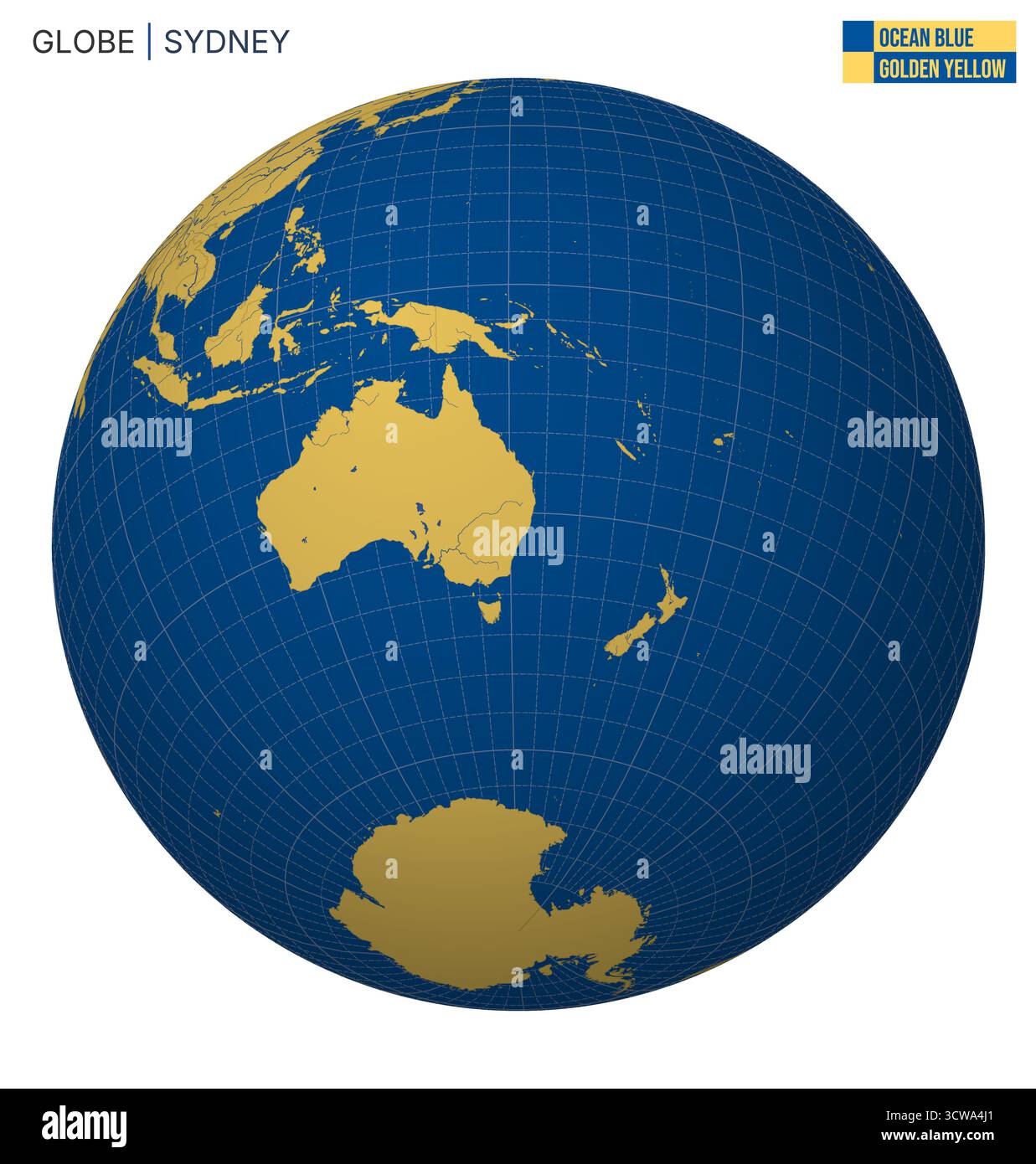 Vector globe centered on Sydney. Ocean blue and golden yellow palette ...