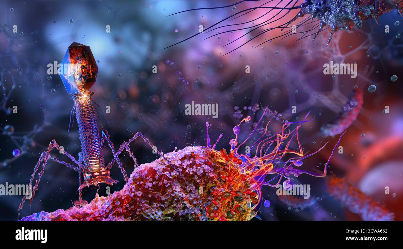Illustration of a bacteriophage (virus) attached to a bacterial cell ...