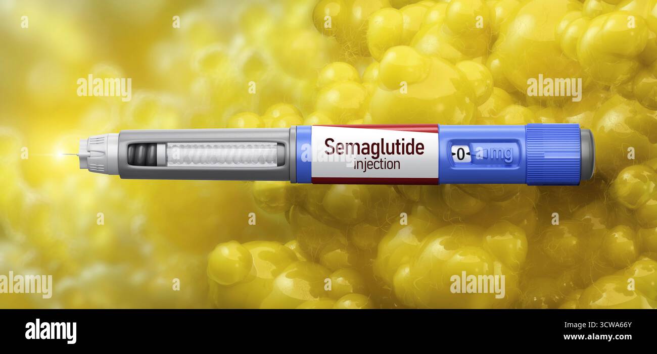 Illustration of a semaglutide injection pen against a background of ...