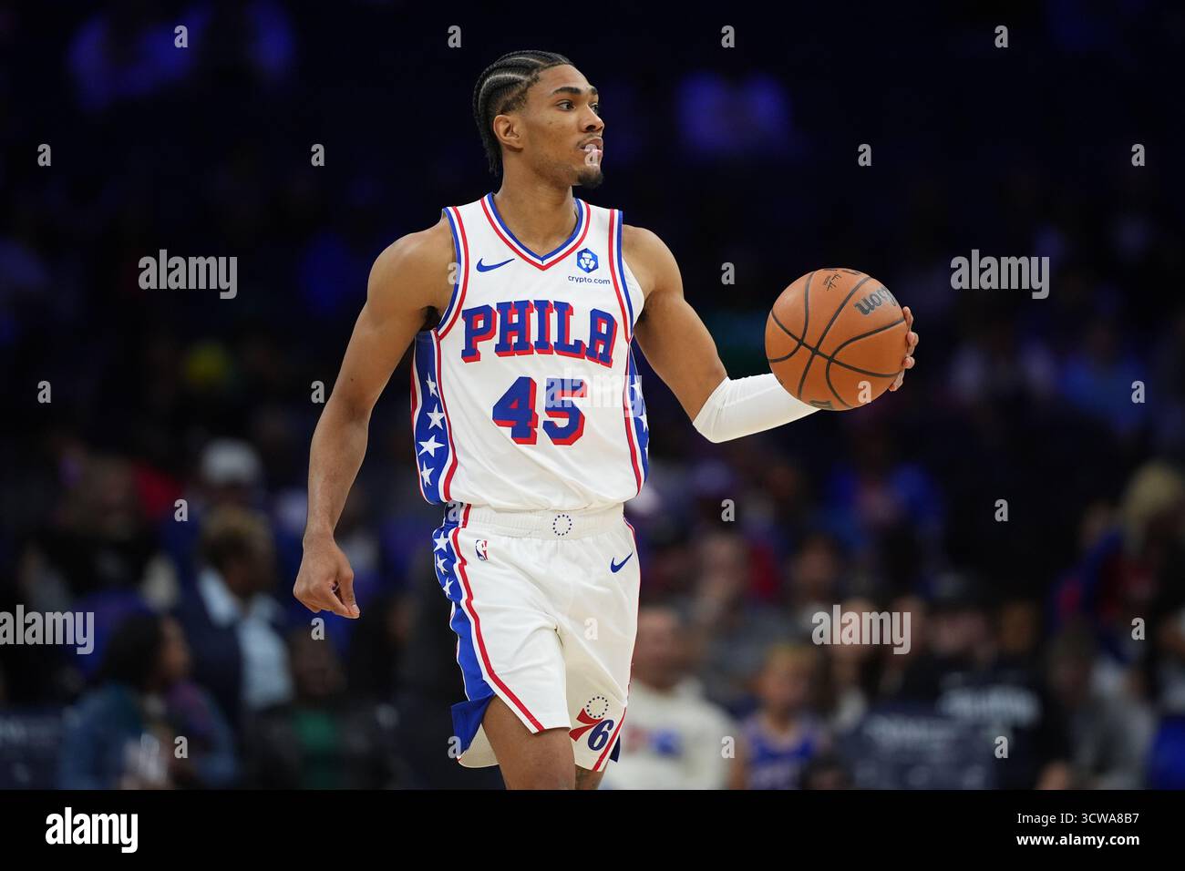 Philadelphia 76ers' Hunter Sallis plays during a preseason NBA ...