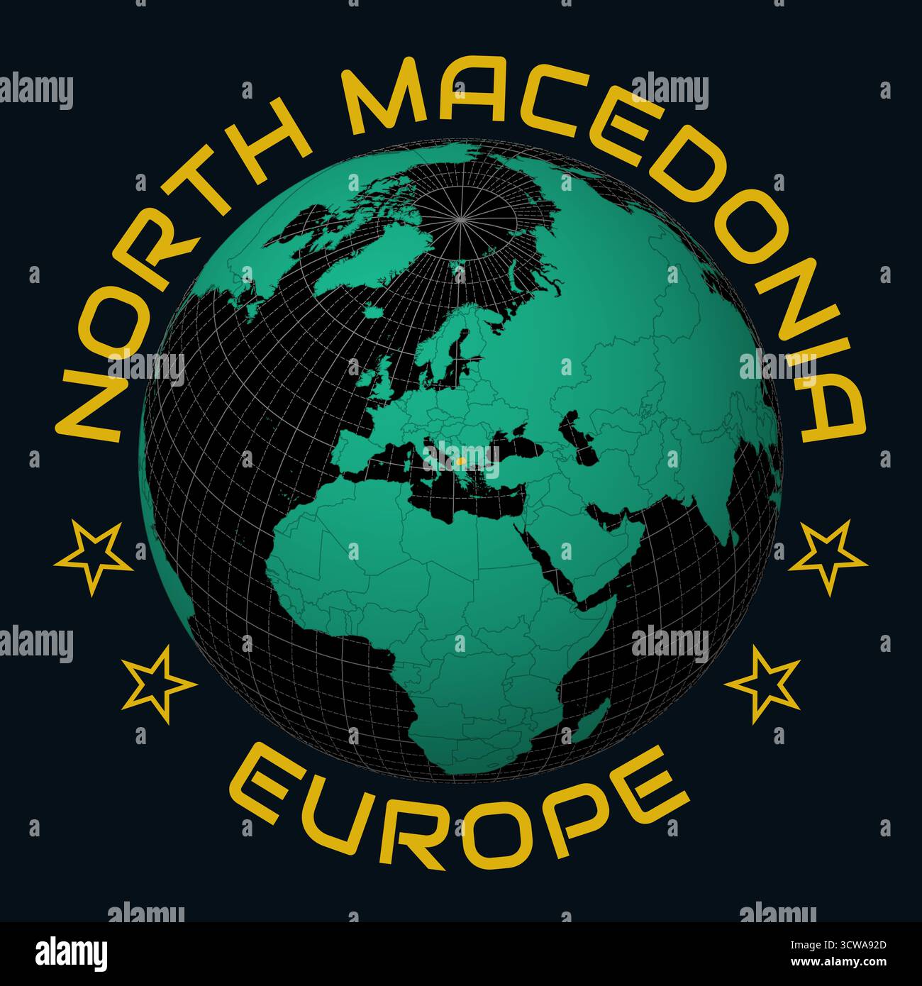 North Macedonia on Globe. Round country and continent name text ...