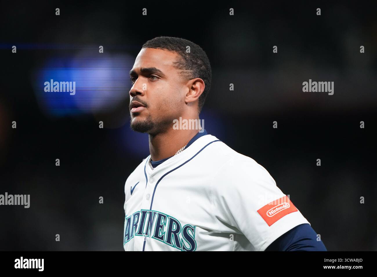 Seattle Mariners center fielder Julio Rodríguez reacts after the end of ...