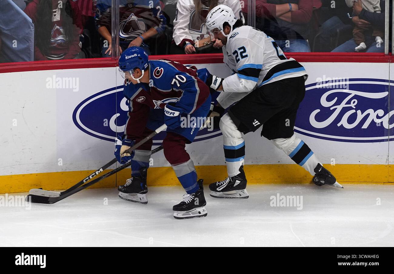 Colorado Avalanche defenseman Sam Malinski (70) and Utah Mammoth center ...