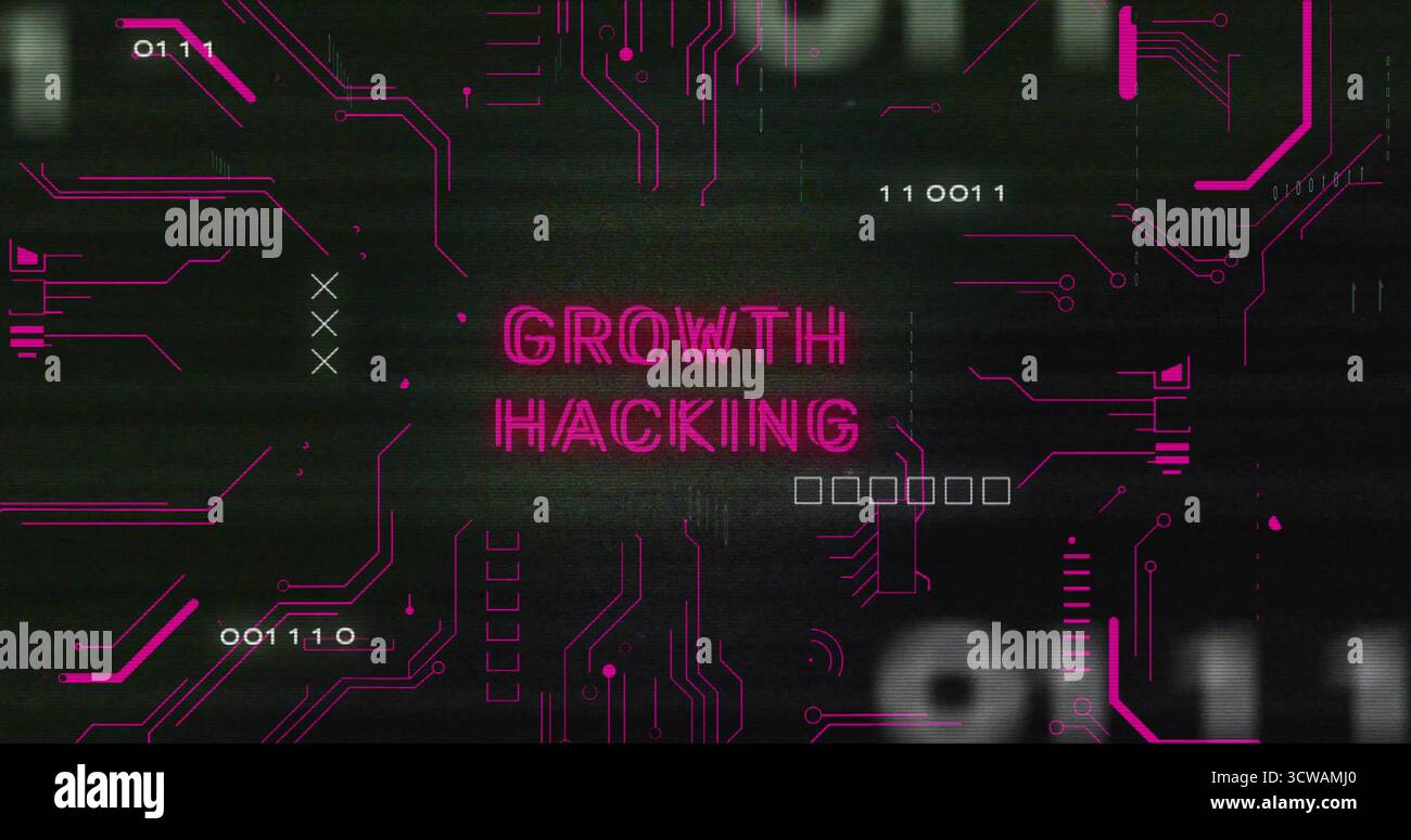 Showing neon pink GROWTH HACKING text on circuit board, with magenta ...