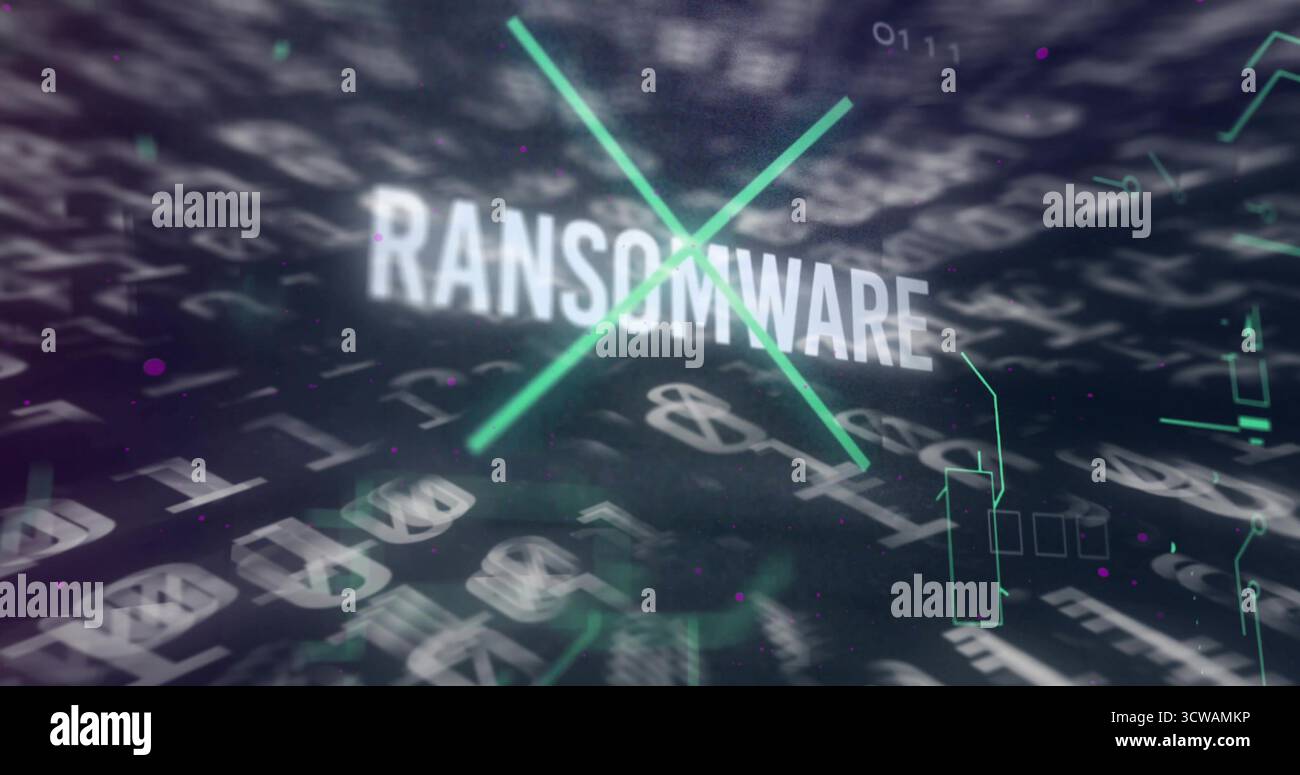 Displaying bold white RANSOMWARE text overlaid by green X in interface ...