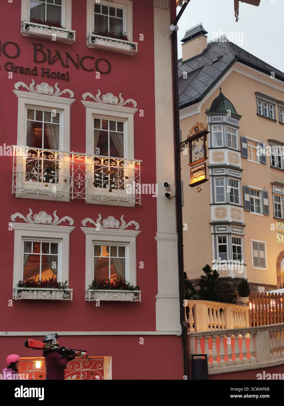 Historic Alpine buildings in Ortisei (Urtijëi), Val Gardena, Dolomites ...