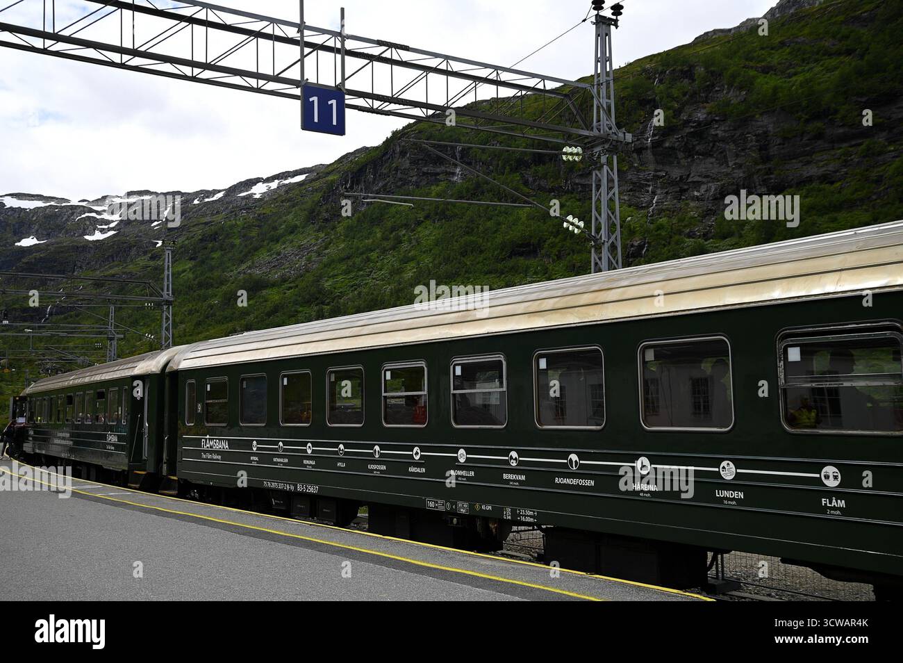 Scenic view of the Flåm Line railway train (Flåmsbana) passing through ...