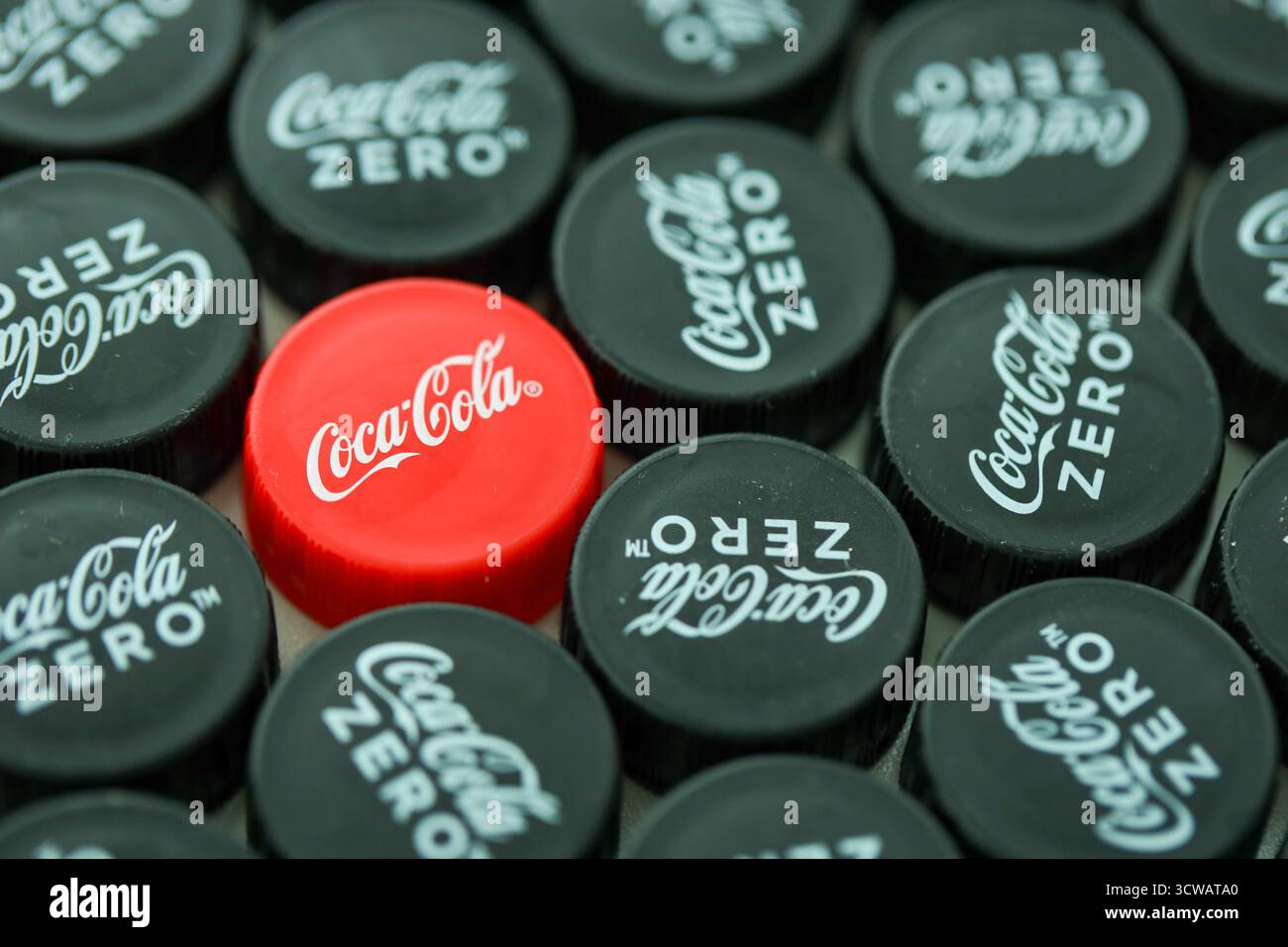 KYIV, UKRAINE - JANUARY 29, 2025 Coca Cola Plastic bottle caps ...