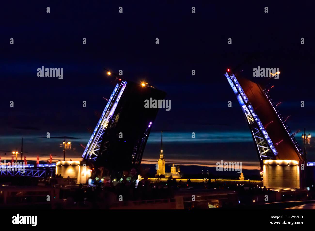 Opening of Palace drawbridge. Night view of Palace bridge from the Neva ...
