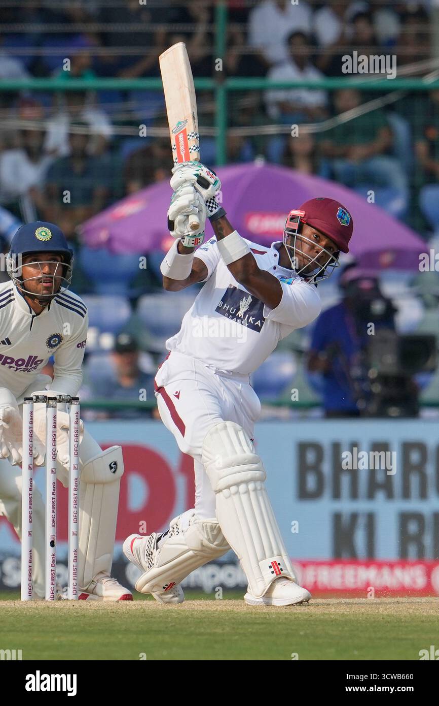 West Indies' Alick Athanaze hits a six on the second day of the second ...