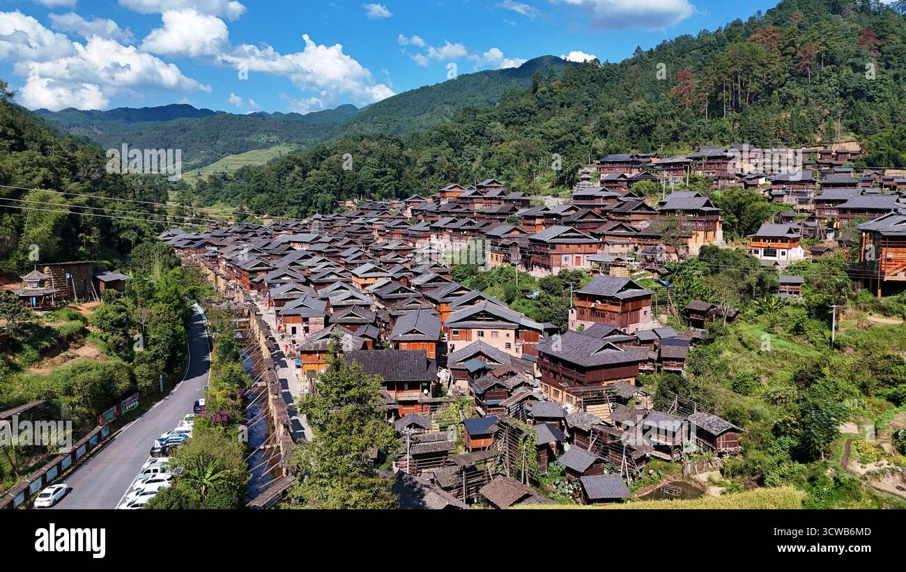 Villagers dry crops in autumn in Congjiang County, Qiandongnan Miao and ...