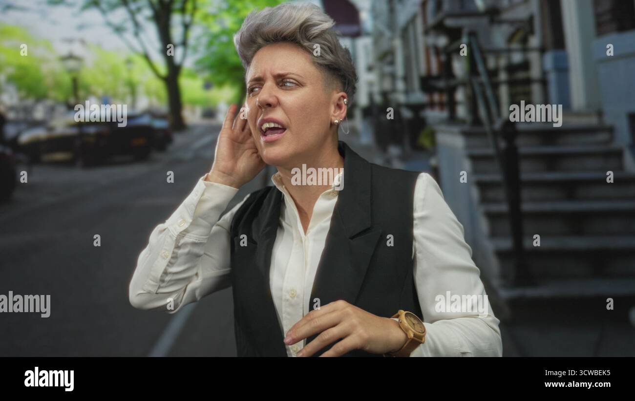 Woman touching ear wincing hi-res stock photography and images - Alamy