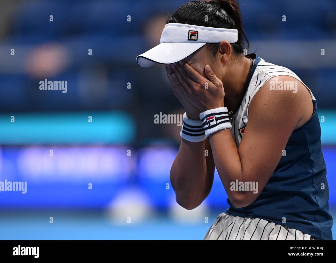 Kyoka Okamura reacts after winning against Ayano Shimizu in the women's ...