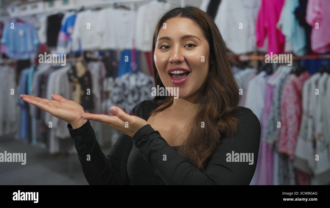 Woman smiles and holds palms up while presenting colorful racks in a ...
