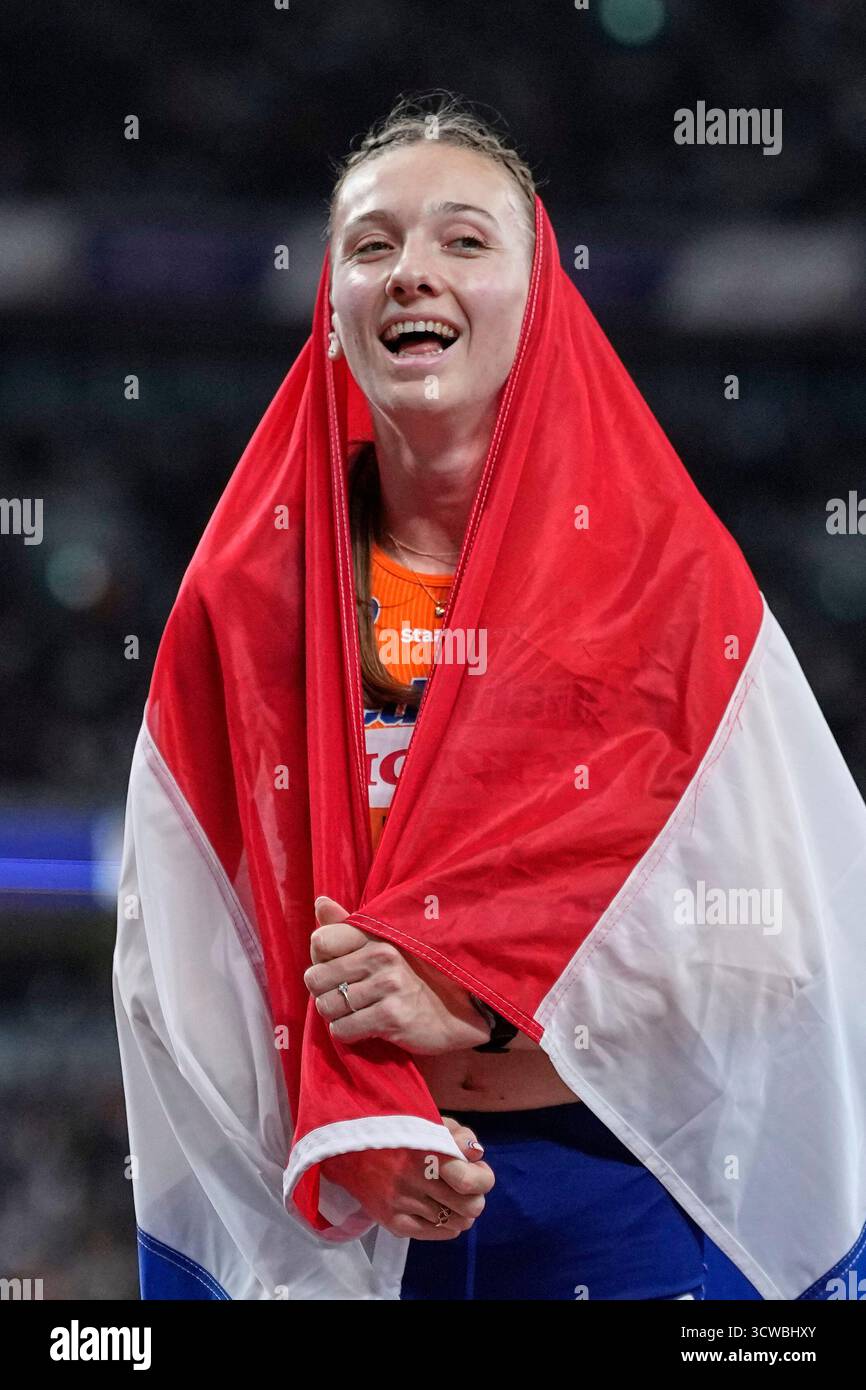 FILE -Netherlands' Femke Bol celebrates winning the gold medal in the ...
