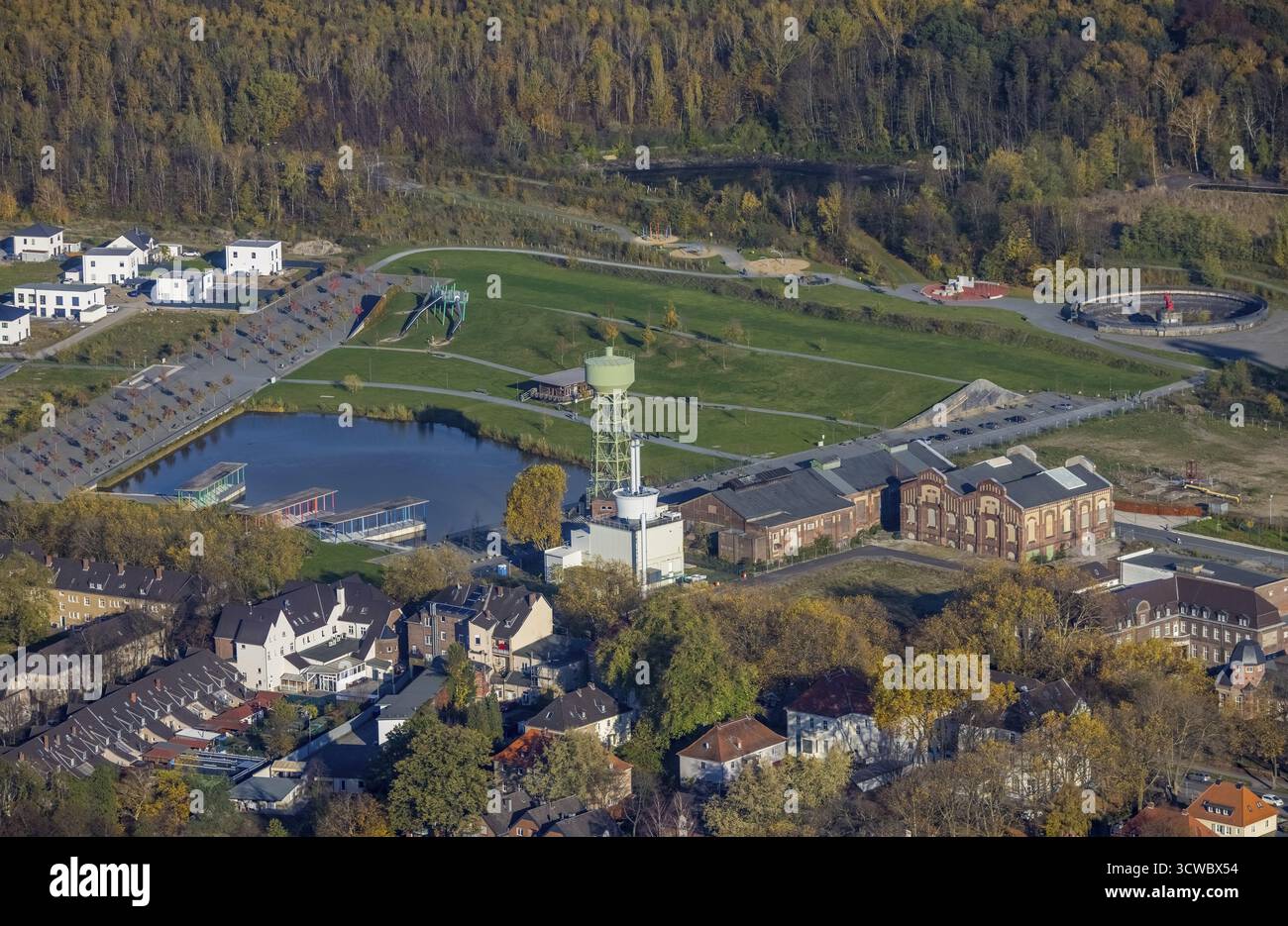 Aerial view, Lohberg water tower at the Lohberg North slagheap, Lohberg ...