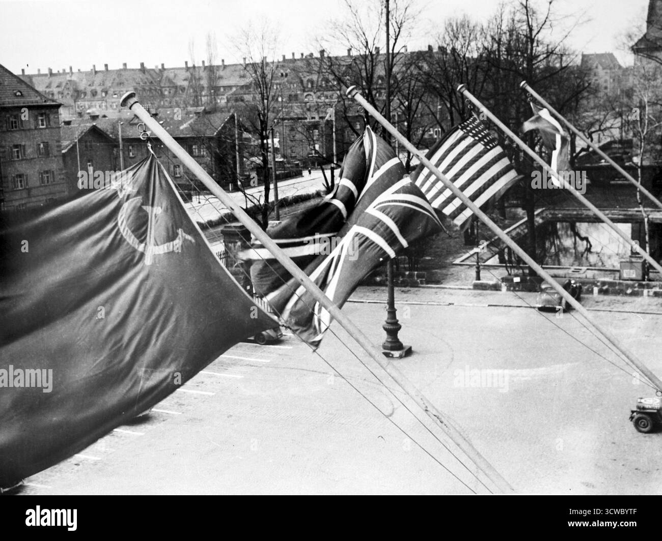 Nuremberg Trials, the Allied flags at the courthouse, Nuremberg 1946 ...