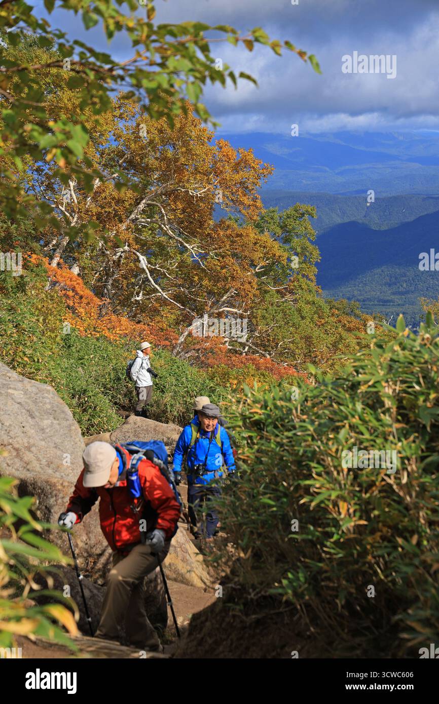 Climbers climb Mount Kurodake in Kamikawa Town, Hokkaido Prefecture ...
