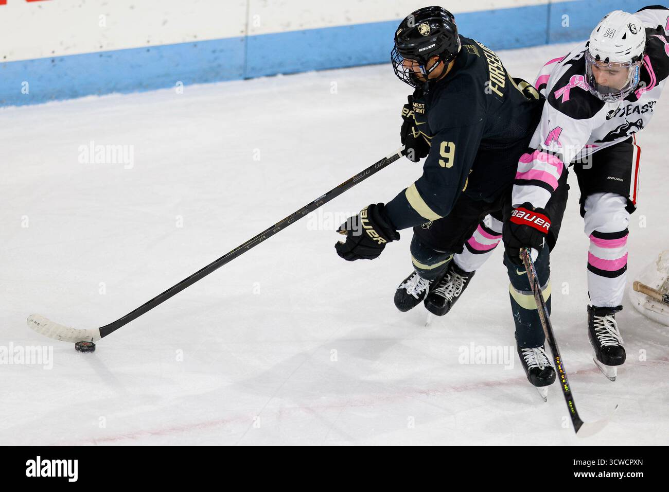 Army forward Nils Forselius (9) battles with Northeastern forward Joe ...