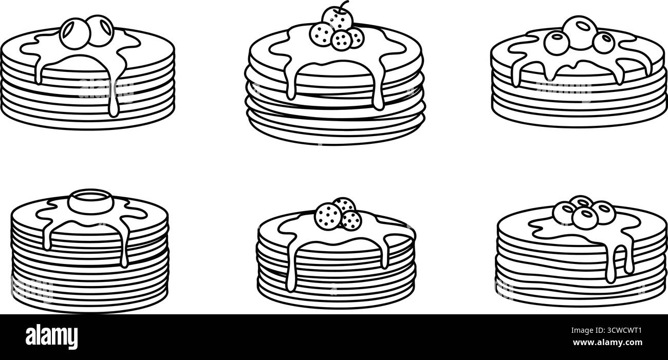 Stack of pancakes with berries and syrup in a simple black and line art ...