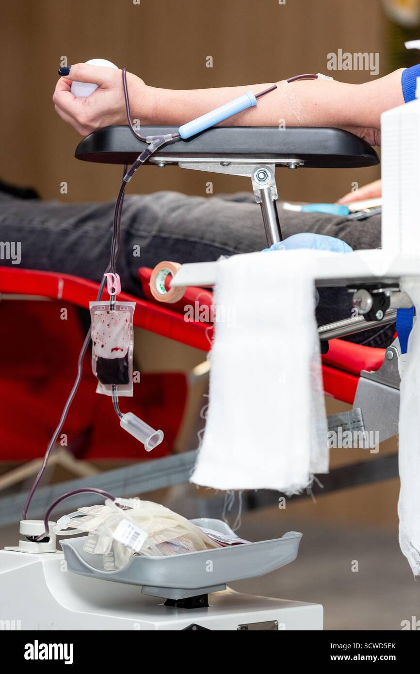 Close up hand of a male blood donor squeezing rubber ball during blood ...
