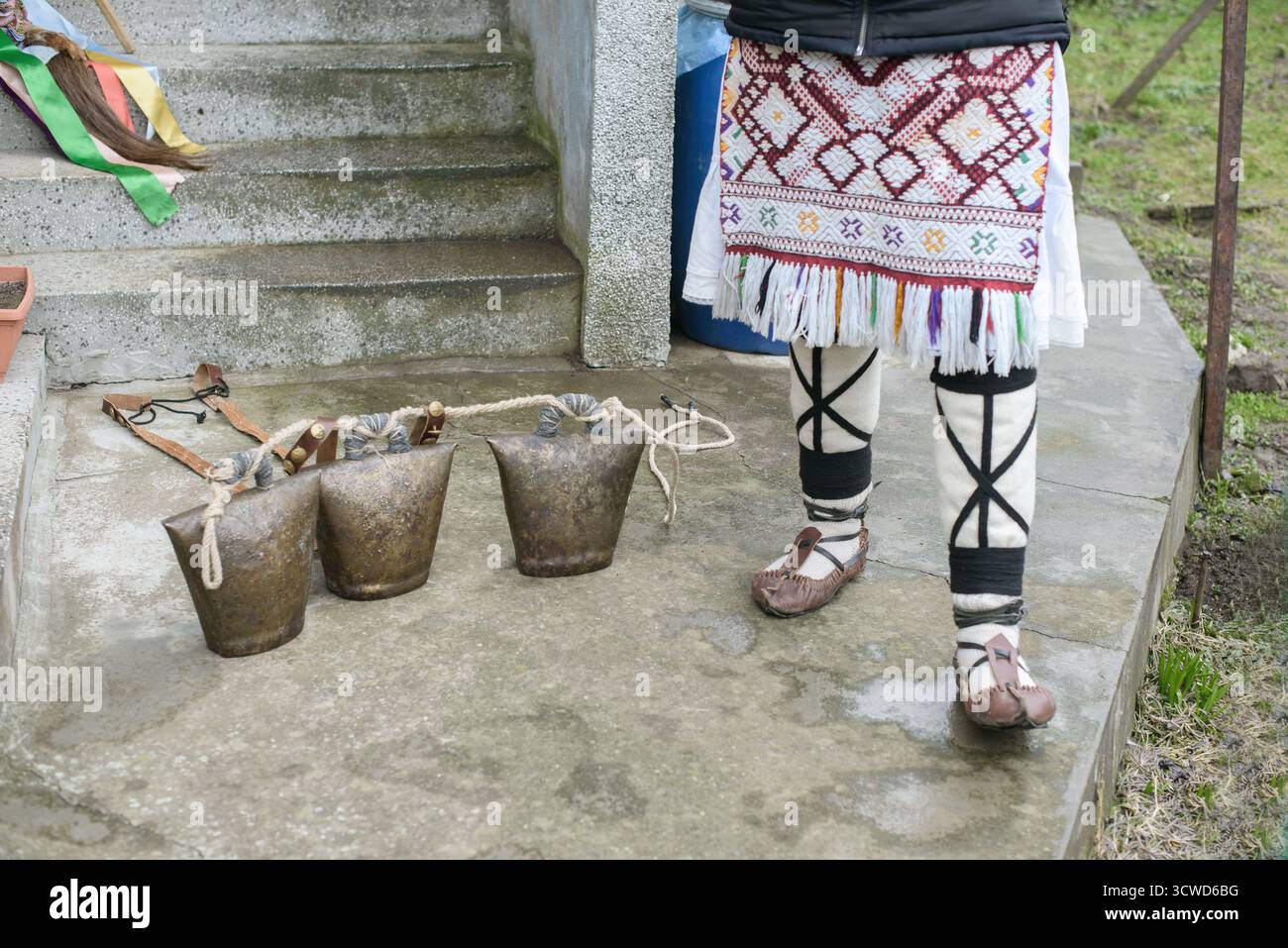 Traditional Kukeri costume with embroidered apron, woolen leggings, and ...