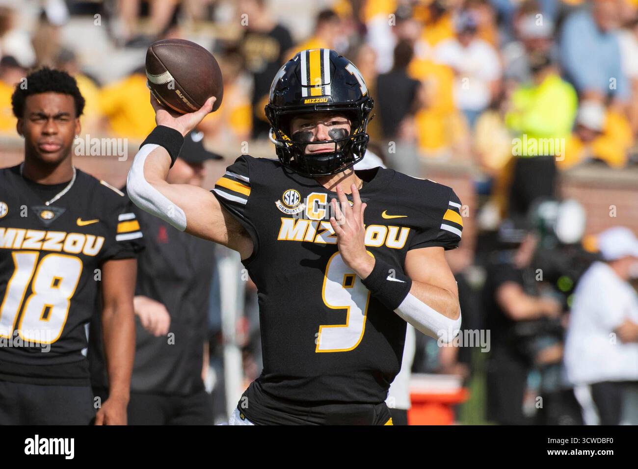 Missouri quarterback Beau Pribula warms up before an NCAA college ...