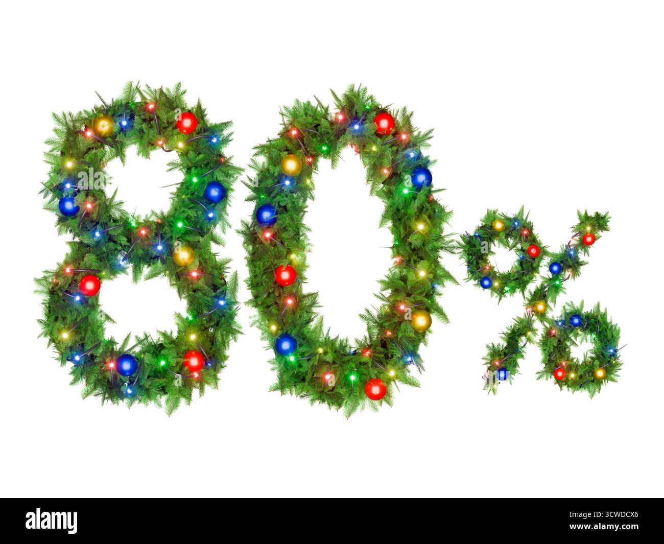 A festive 80 percent sign is formed by Christmas decorations Stock ...