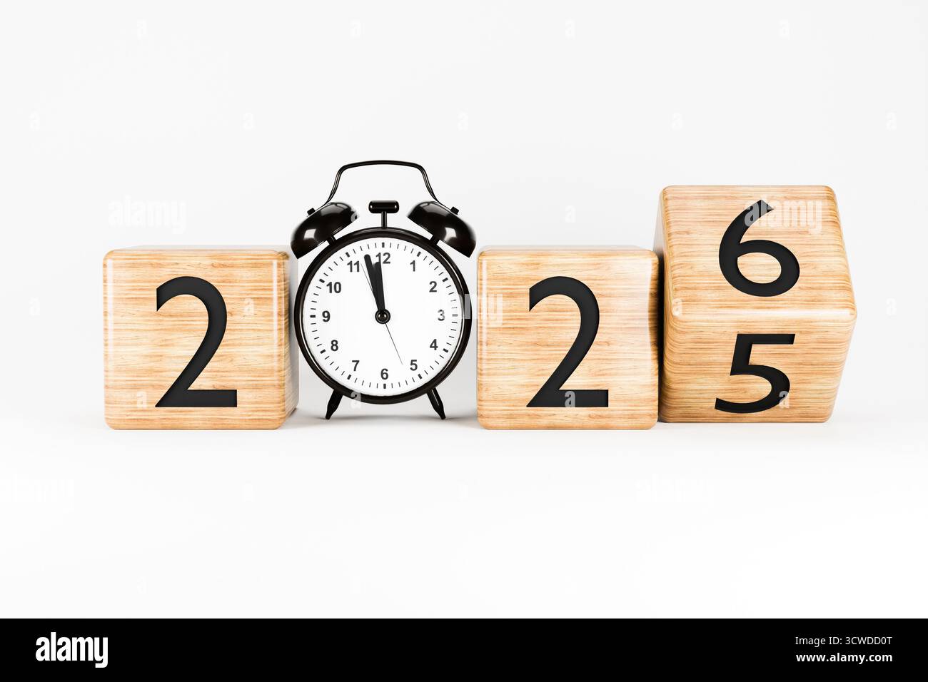 Wooden blocks showing the numbers 2025-2026 placed in front of a clock ...