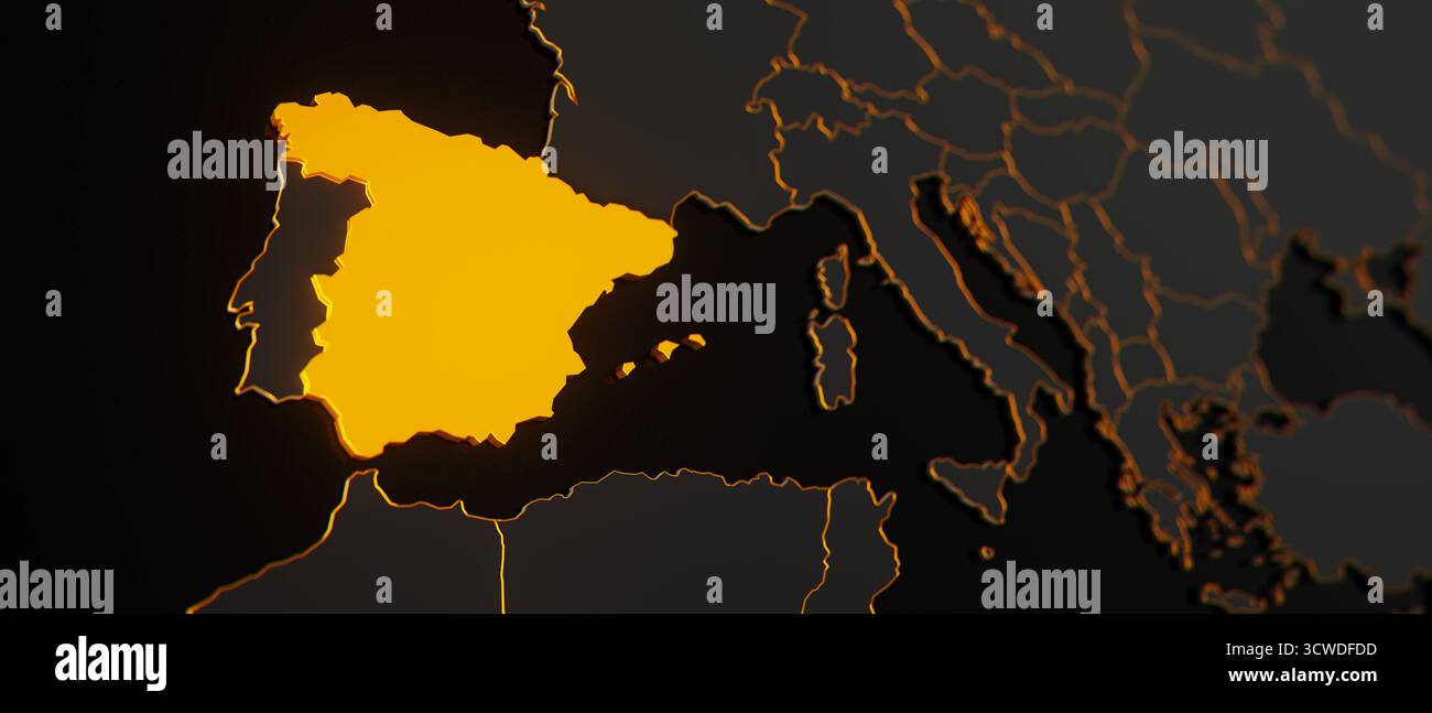 Golden Spain 3d map surrounded with other countries in black with ...