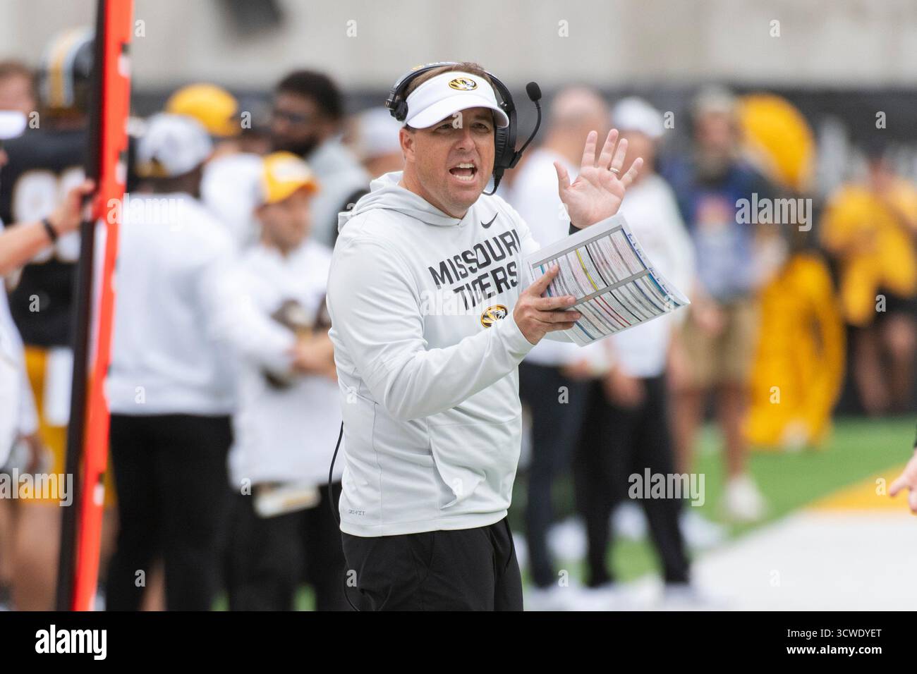 Missouri head coach Eli Drinkwitz talks to players during the first ...